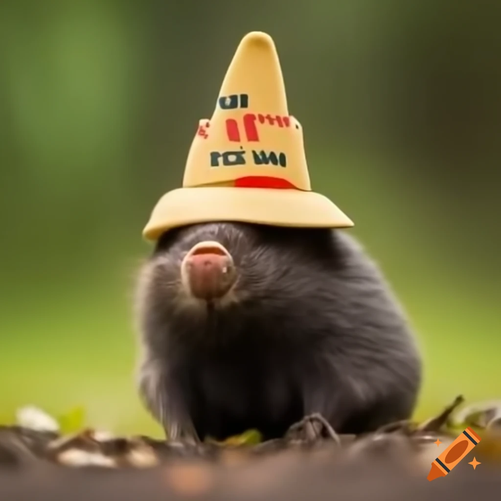 Mole wearing a hat with the text 'Kupię kreta' on Craiyon