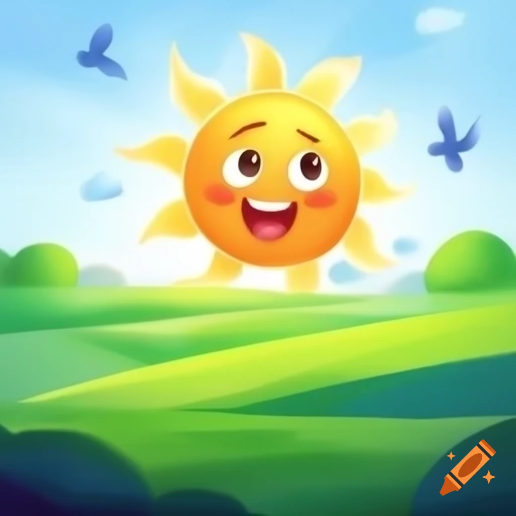 Happy sun rising behind green hills with birds in colorful cartoon ...