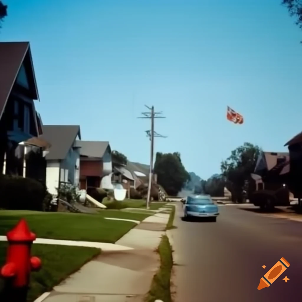 1950s town street in summer with houses, cars, and a flag on Craiyon