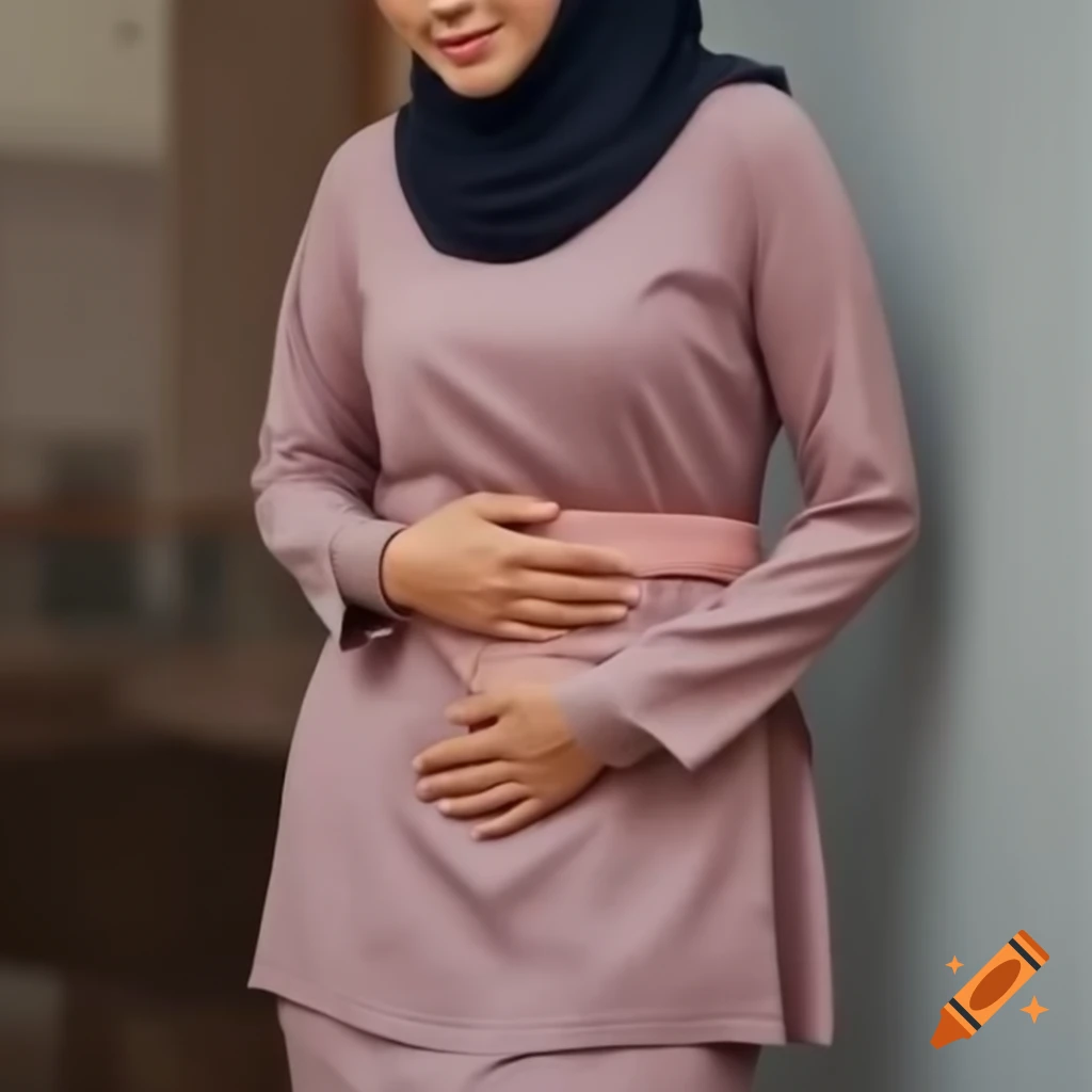 Woman in baju kurung with a belt holding her stomach in pain, crying on ...