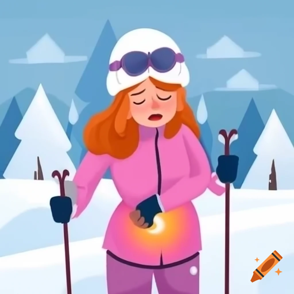 Woman in winter suit experiencing stomach pain and crying on Craiyon