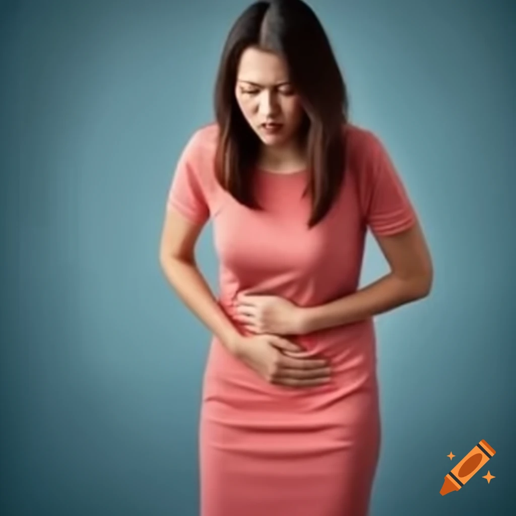 Woman wearing short dress experiencing stomach discomfort on Craiyon