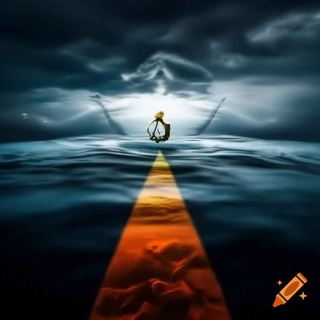 Aerial shot of Atlantic Ocean with glowing triangle beneath stormy ...