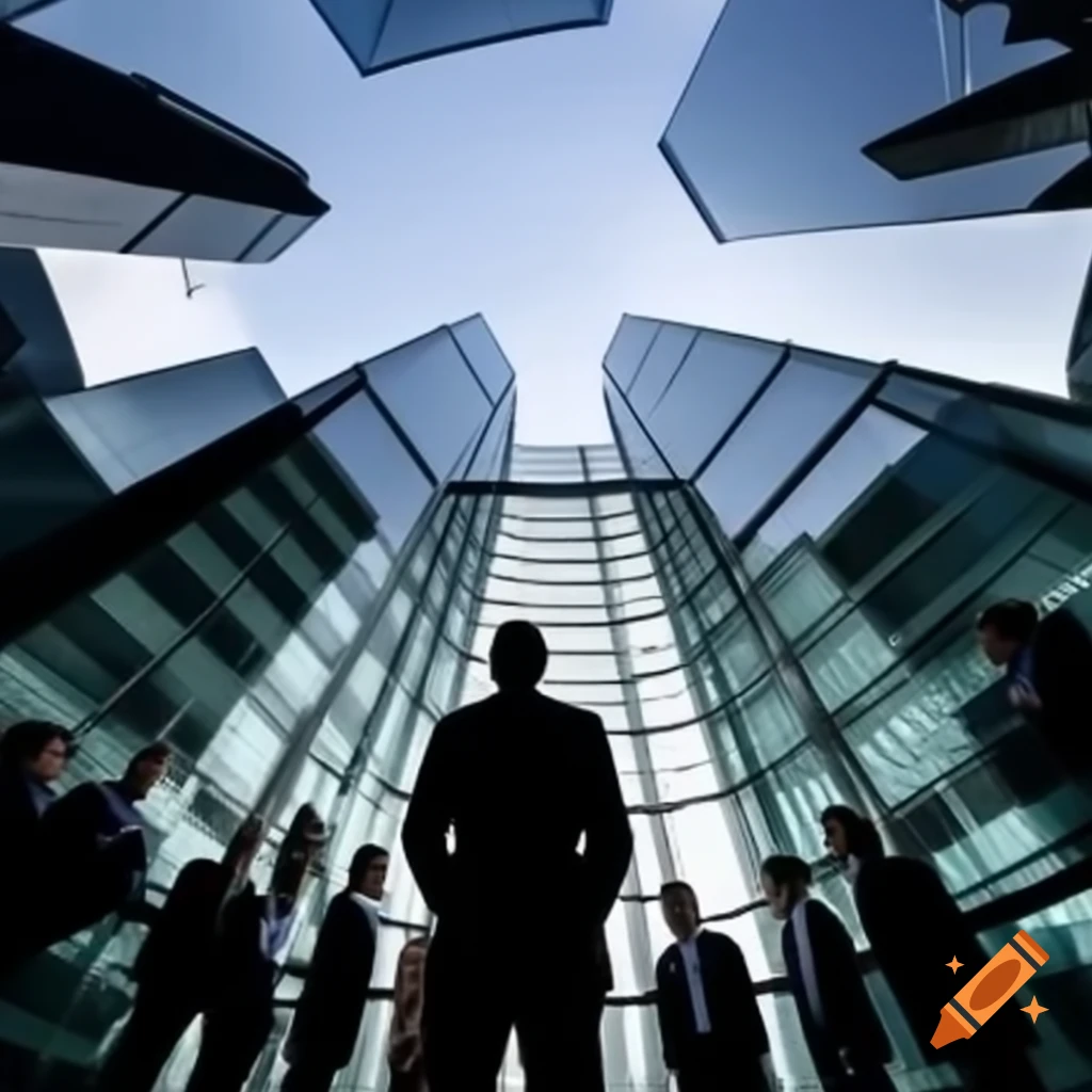 Person gazing up at tall glass building with professionals in business ...