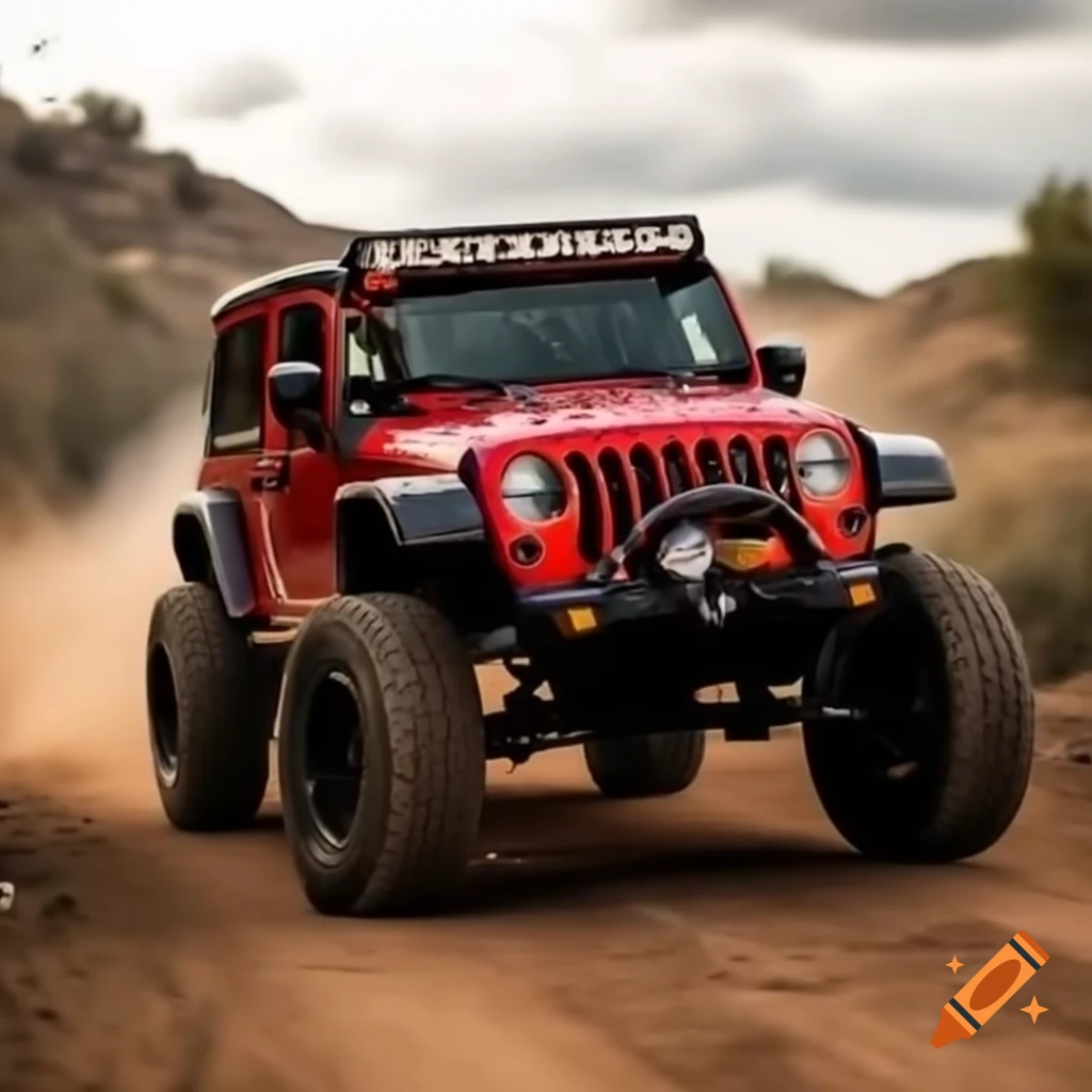 Customized maroon red Rubicon Jeep on dirt road with spectators on Craiyon