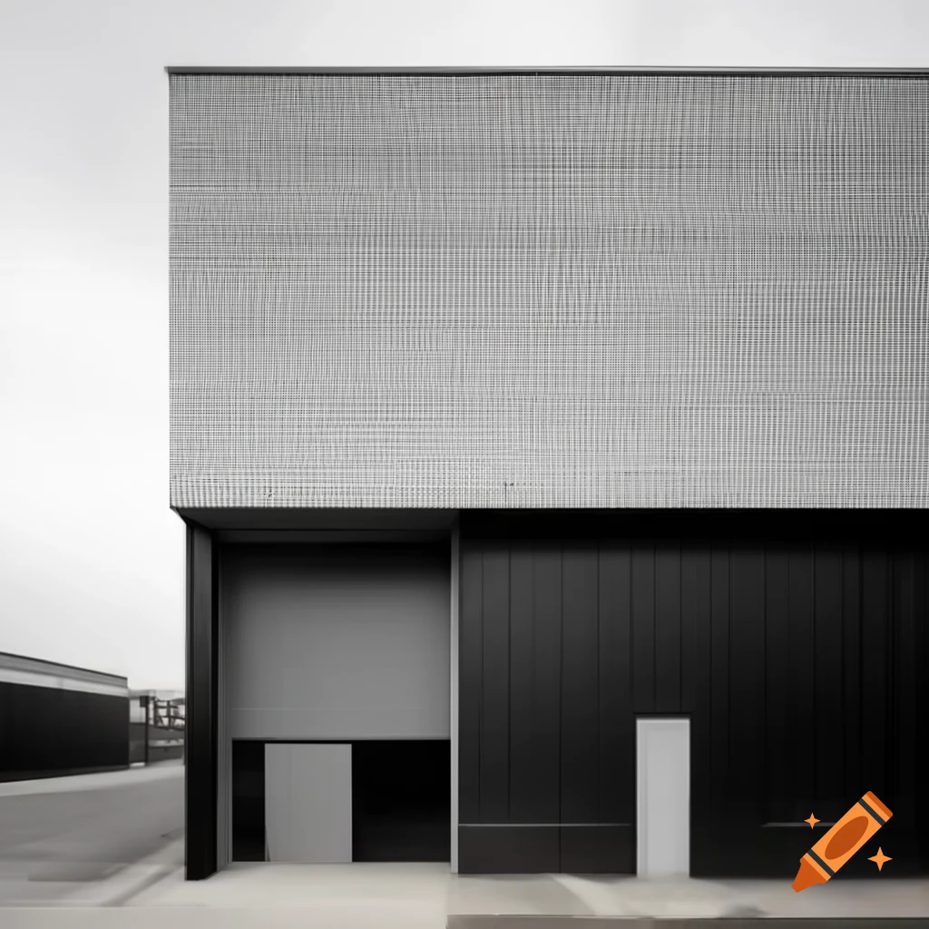 Contemporary warehouse facade showcasing diverse building materials on ...