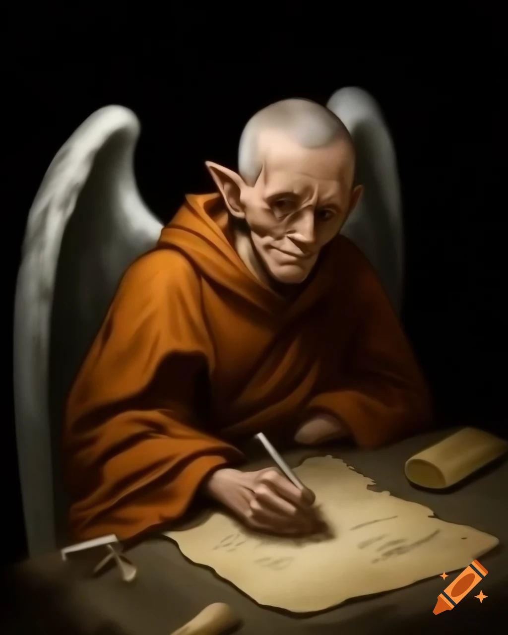 Old monk with angel wings drawing on parchment while sitting on stone ...