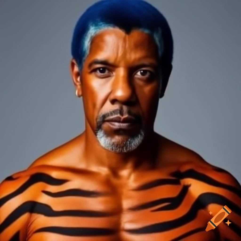 Muscular man with tiger-style makeup featuring blue hair and orange ...