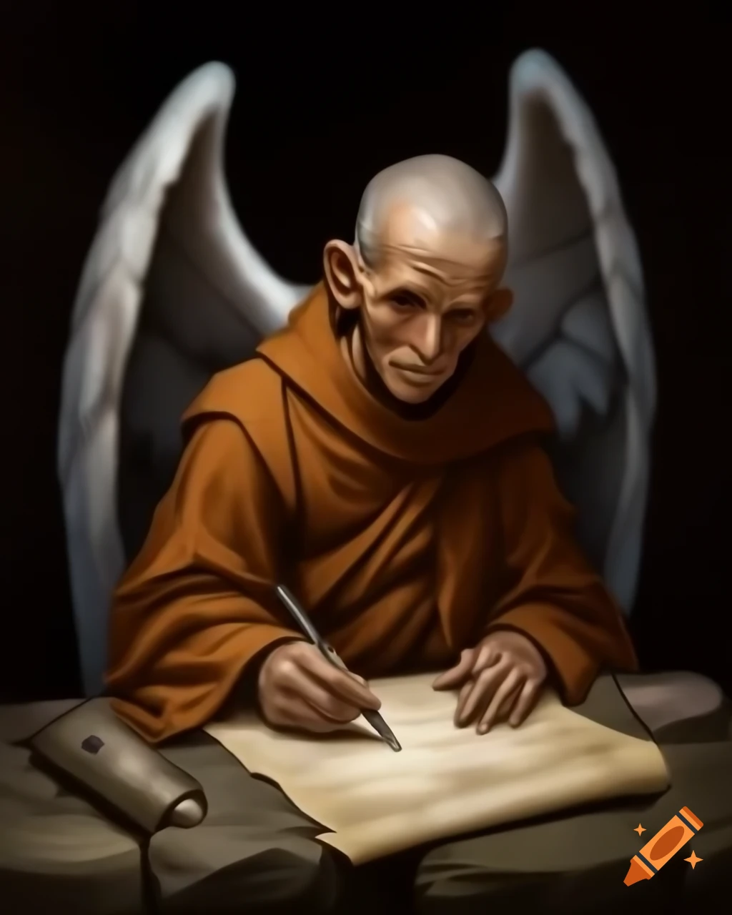 Old monk with angel wings drawing on parchment on Craiyon