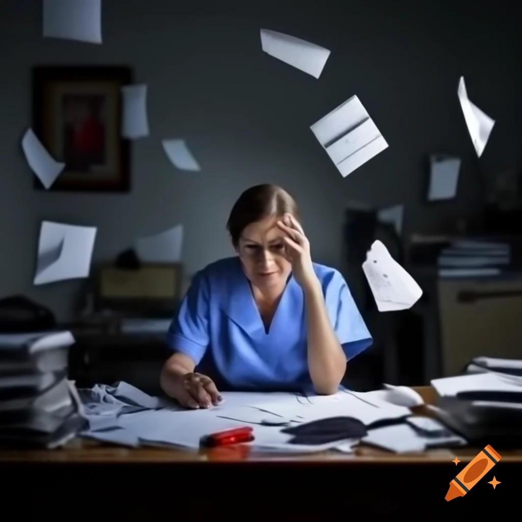 Healthcare nurse's hand and red pen amidst cluttered paperwork in ...