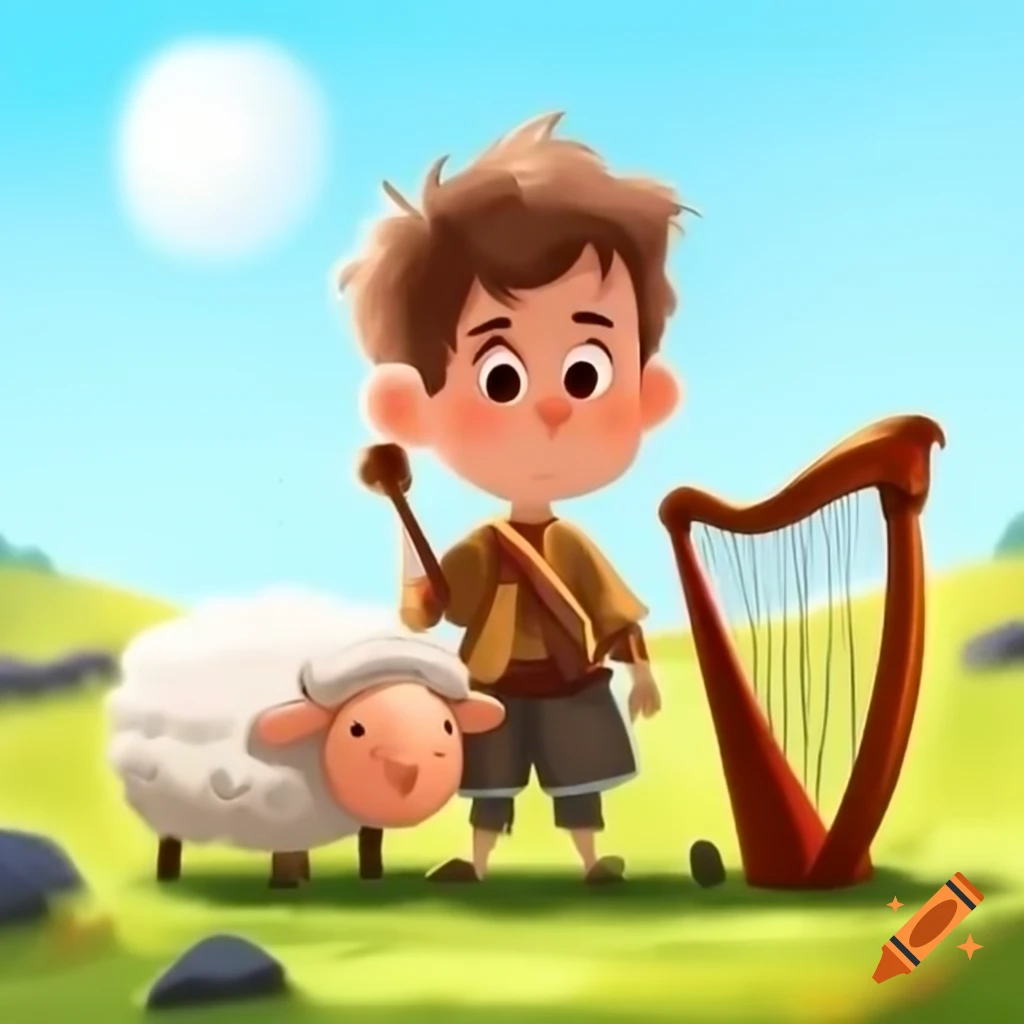 Cartoon of David the shepherd boy with harp and sheep under bright sky ...