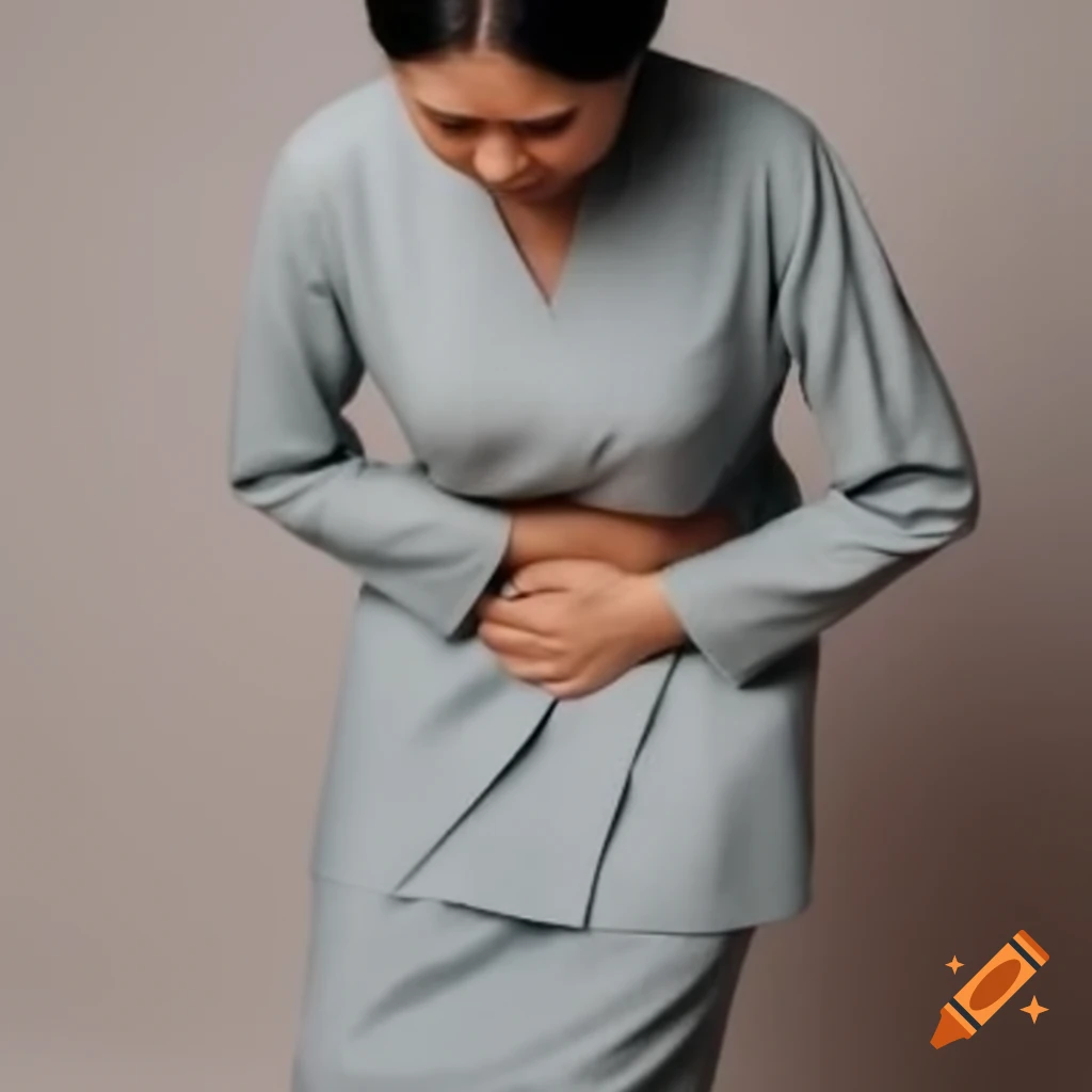 Woman wearing baju kurung with belt experiencing stomach pain on Craiyon