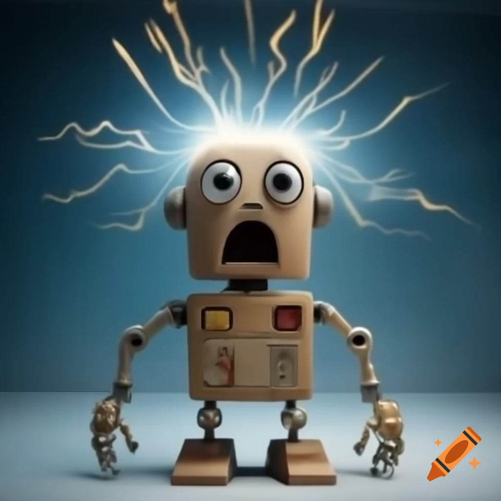 Confused robot malfunctioning with sparks and lightning, bright ...