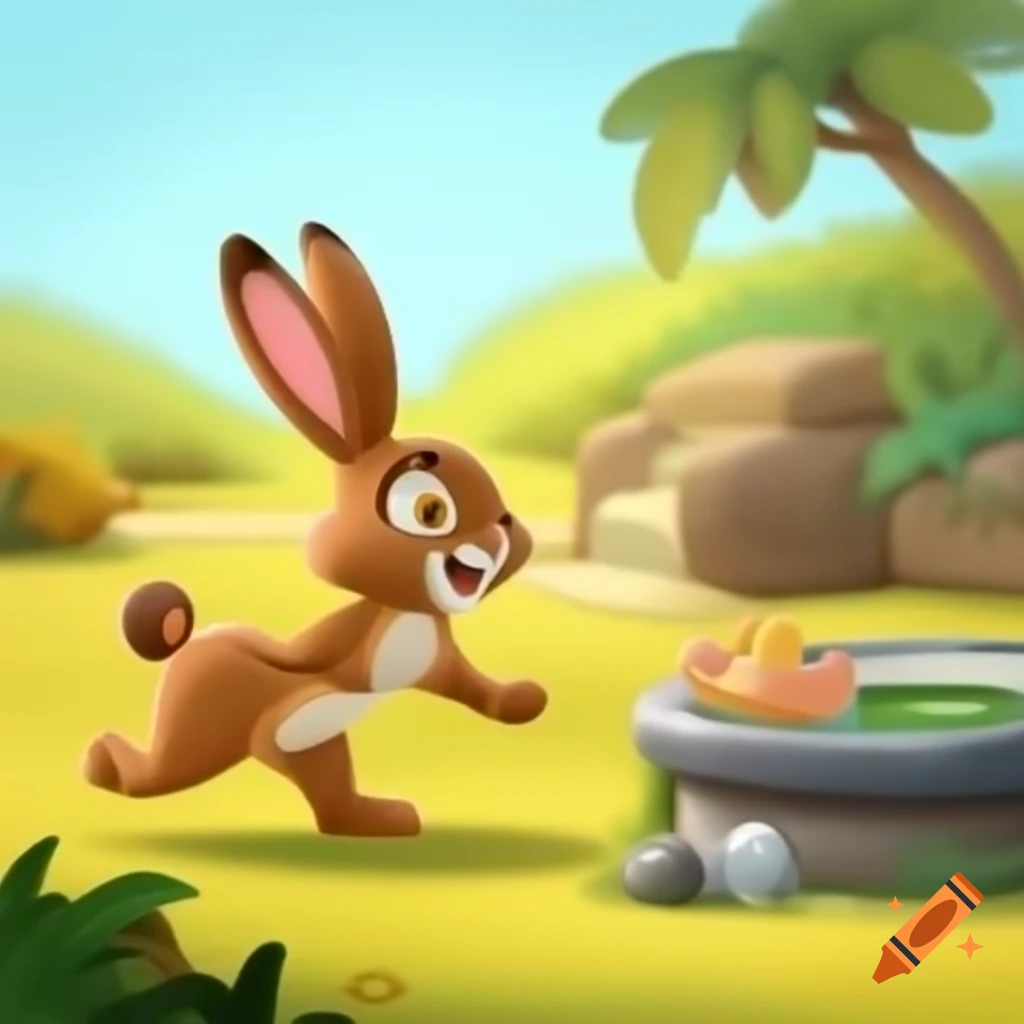 Cartoon jungle rabbit outsmarting lion near a well on Craiyon