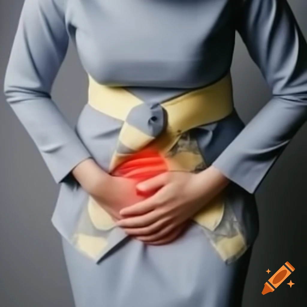 Woman wearing baju kurung with a belt, experiencing stomach pain and ...