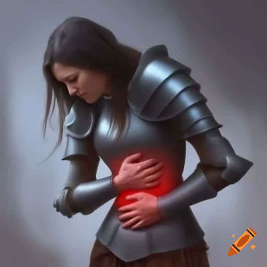 Woman in armor experiencing discomfort and crying on Craiyon