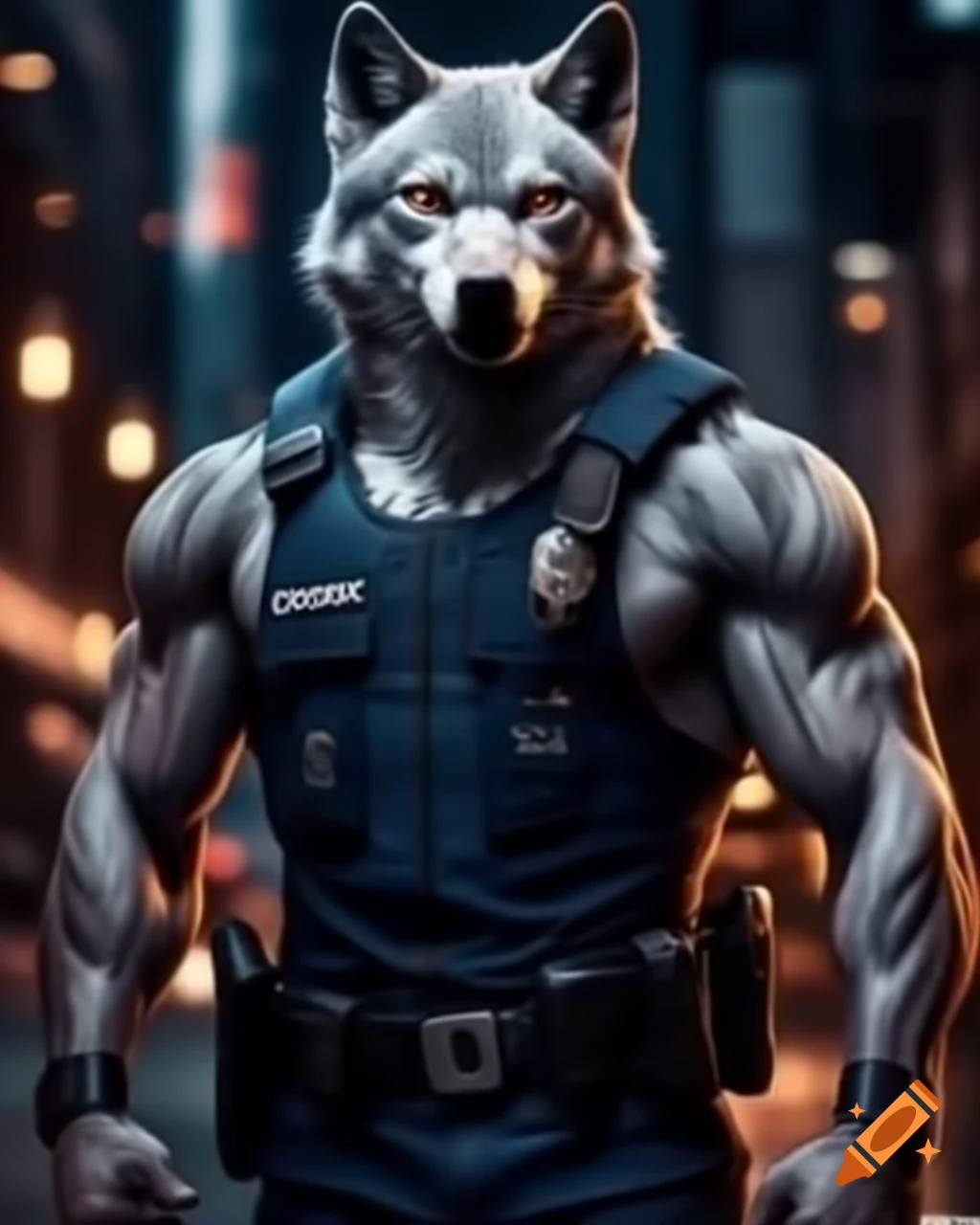 Anthro grey wolf muscular police officer ready for action on city ...