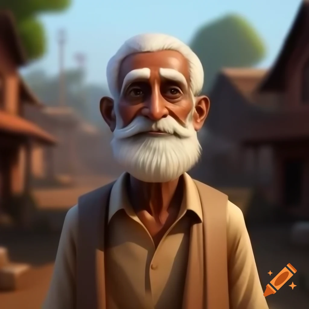 Old Indian man in traditional clothes standing in rural village at dawn ...
