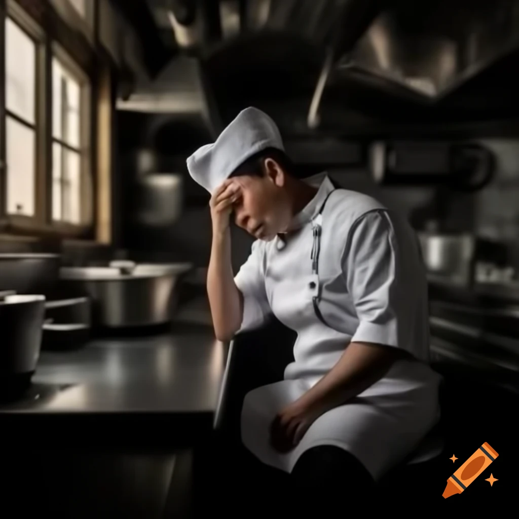 Sad Filipino chef sitting in ship's kitchen, expressing homesickness on ...