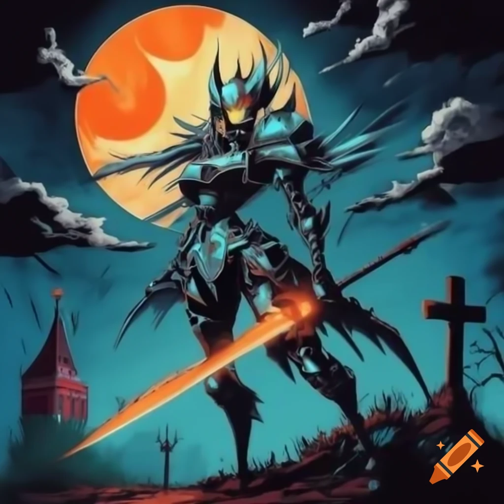 Anime siren knight in metal armor and wizard hat flying with dragon ...