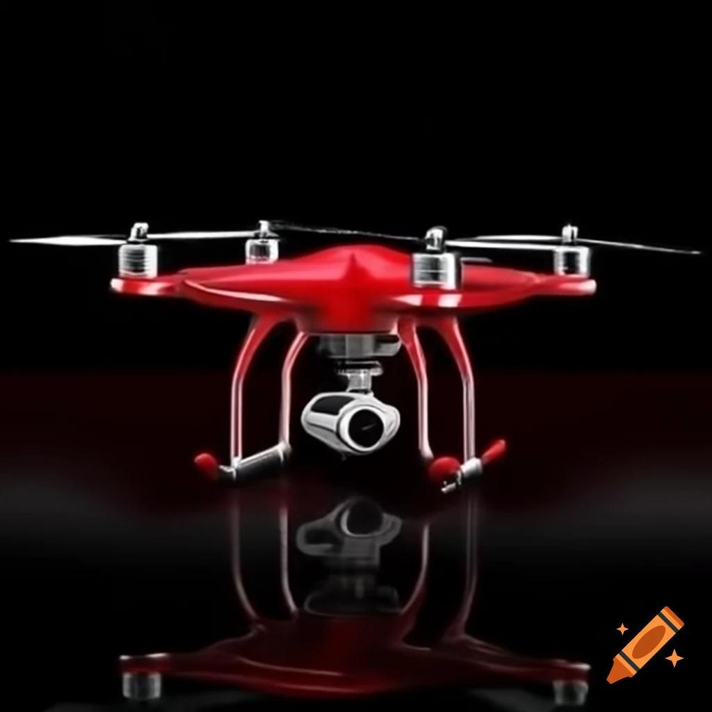Elegant red drone with four propellers suspended in dark background on ...
