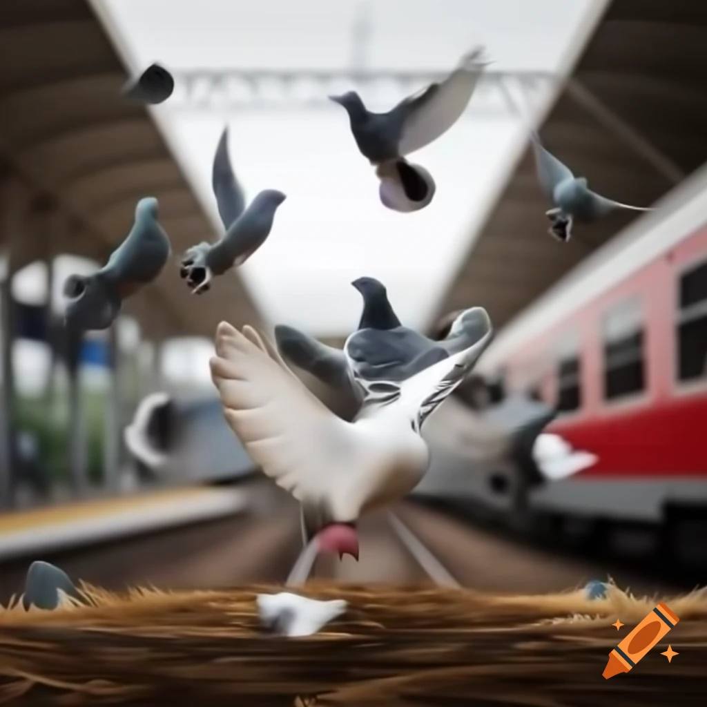 Mother pigeon flying from nest with baby pigeons on train station on ...
