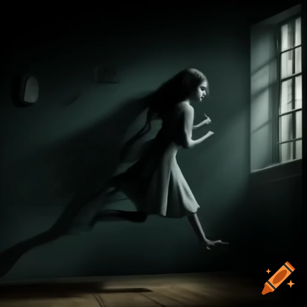 Bengali girl running in haunted house with horror writing on wall on ...
