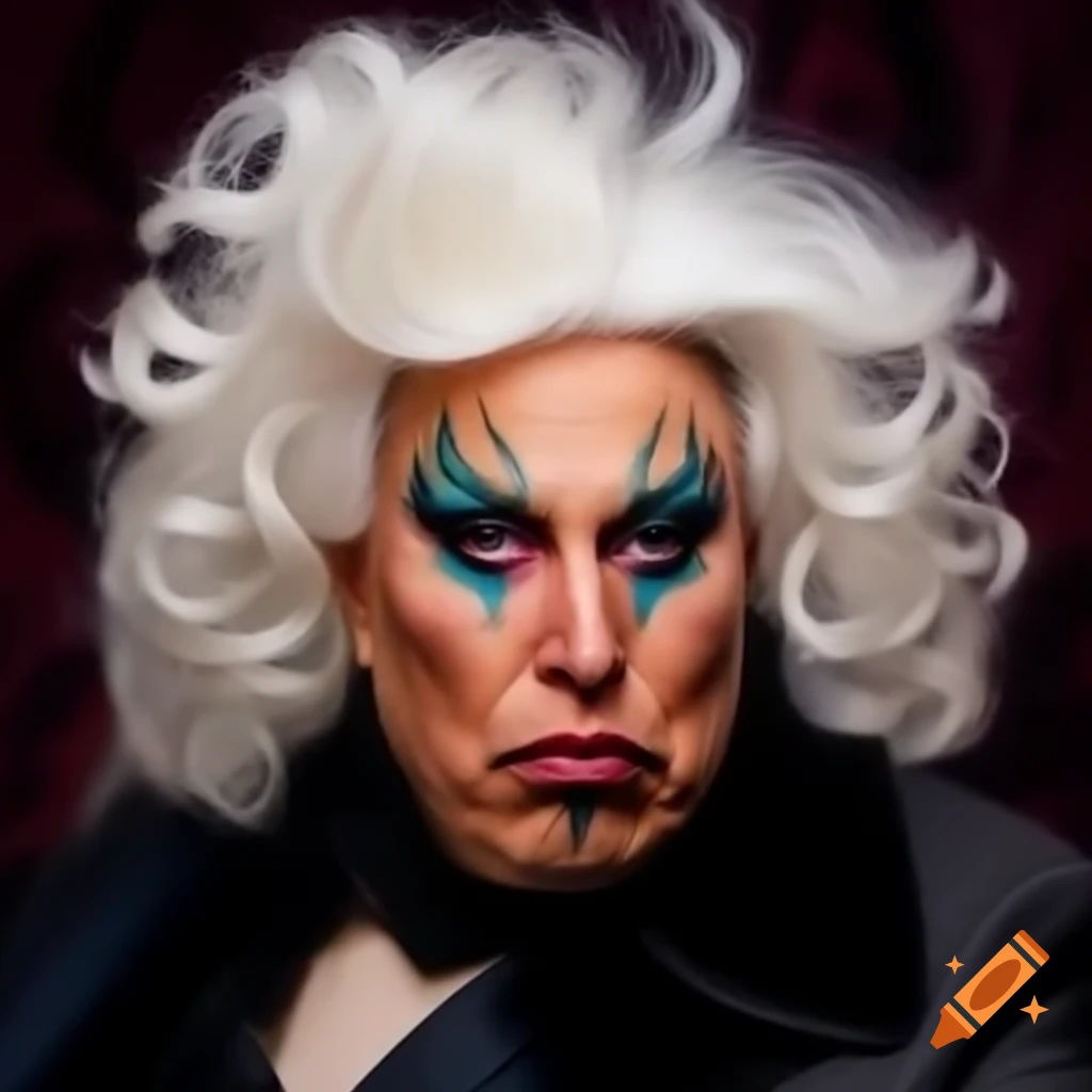 Elon Musk portrayed as a dictator drag queen with a big wig on Craiyon