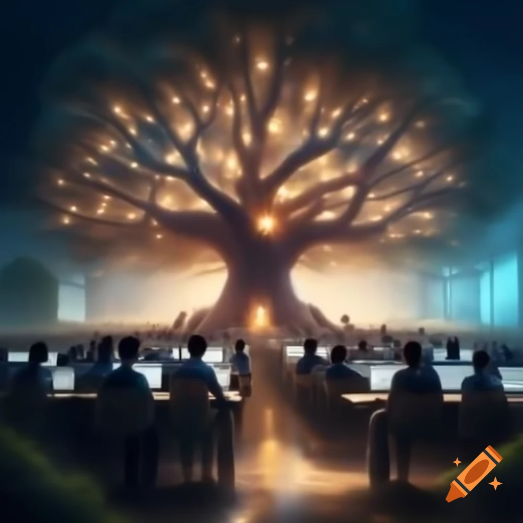 Radiant AI tutor made of light teaching diverse students under glowing ...