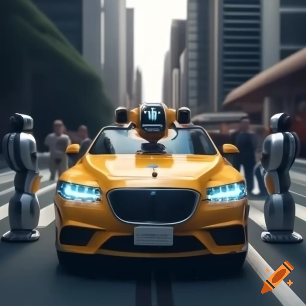Robotic taxi driving at high speed through city with other robots ...