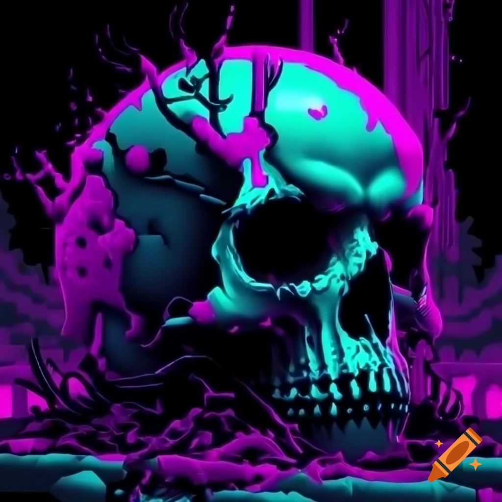 Dystopian cyberpunk graveyard with pixel art skulls in neon colors on ...