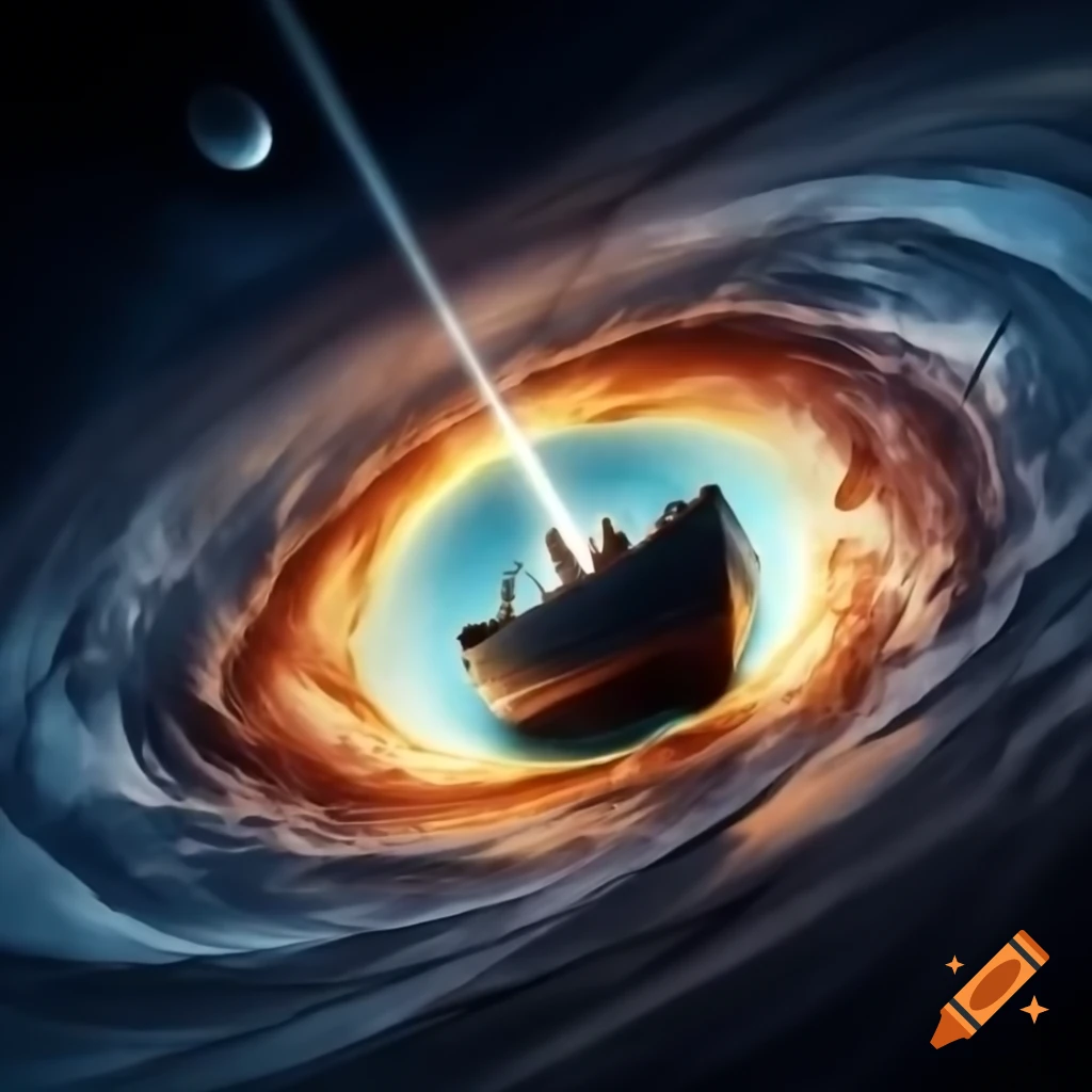 Ship navigating prismatic plasma storm entering quasar vortex in space on Craiyon