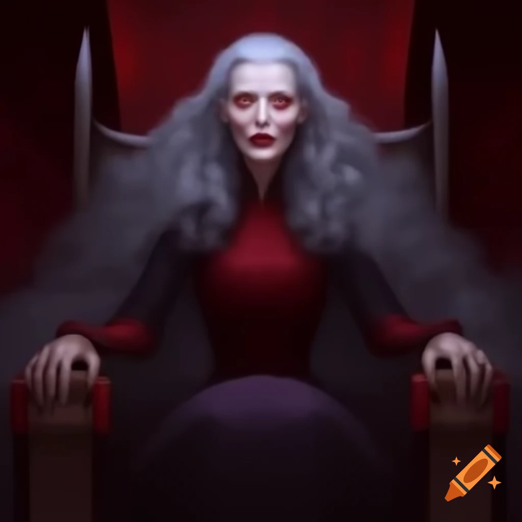 Ancient female vampire duchess with greying red hair seated on throne ...