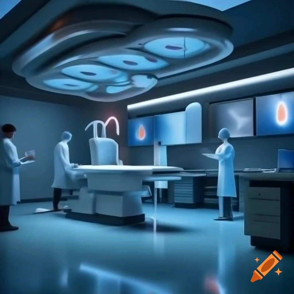 Futuristic hospital radiology lab with AI machines and doctors on Craiyon
