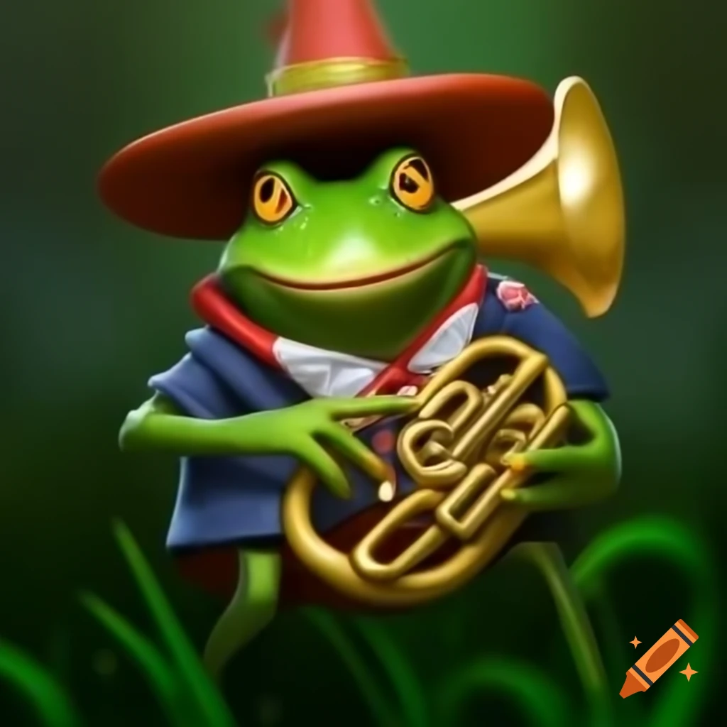 Pepe the frog playing a sousaphone in a vibrant scene on Craiyon
