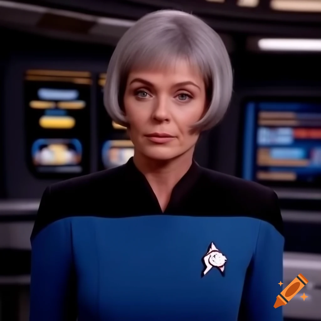 English woman in Star Trek blue uniform on starship bridge on Craiyon