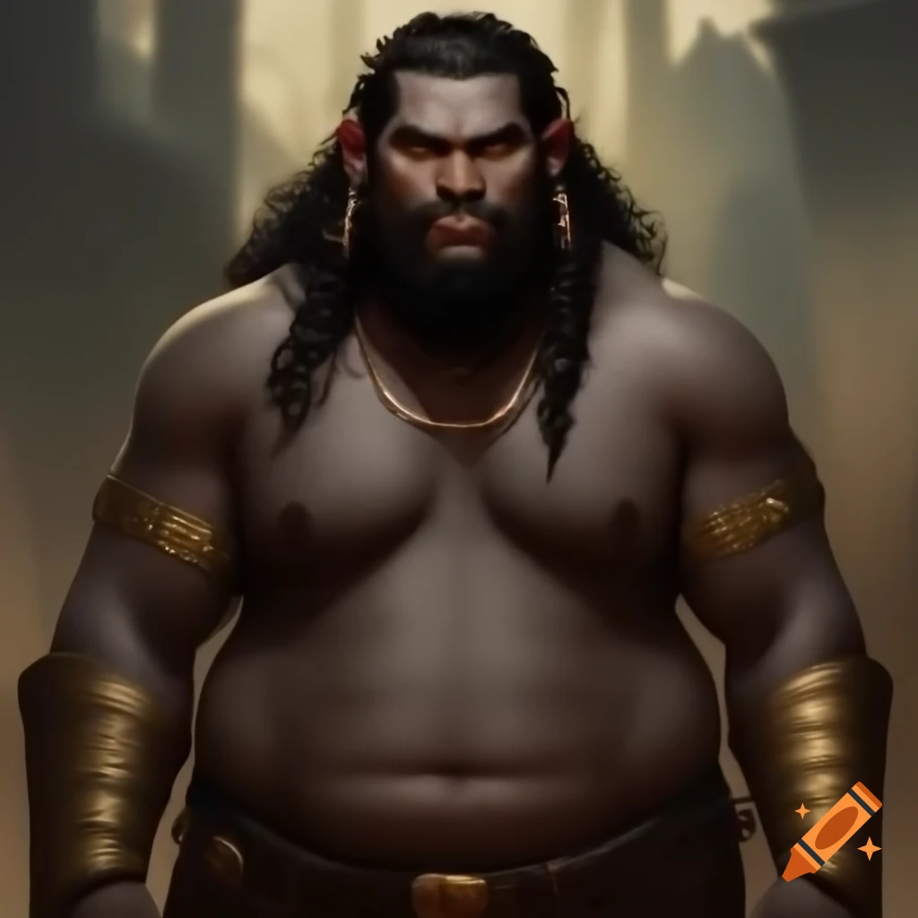 Fat male bard with dark skin and long hair, adorned with golden hoops ...