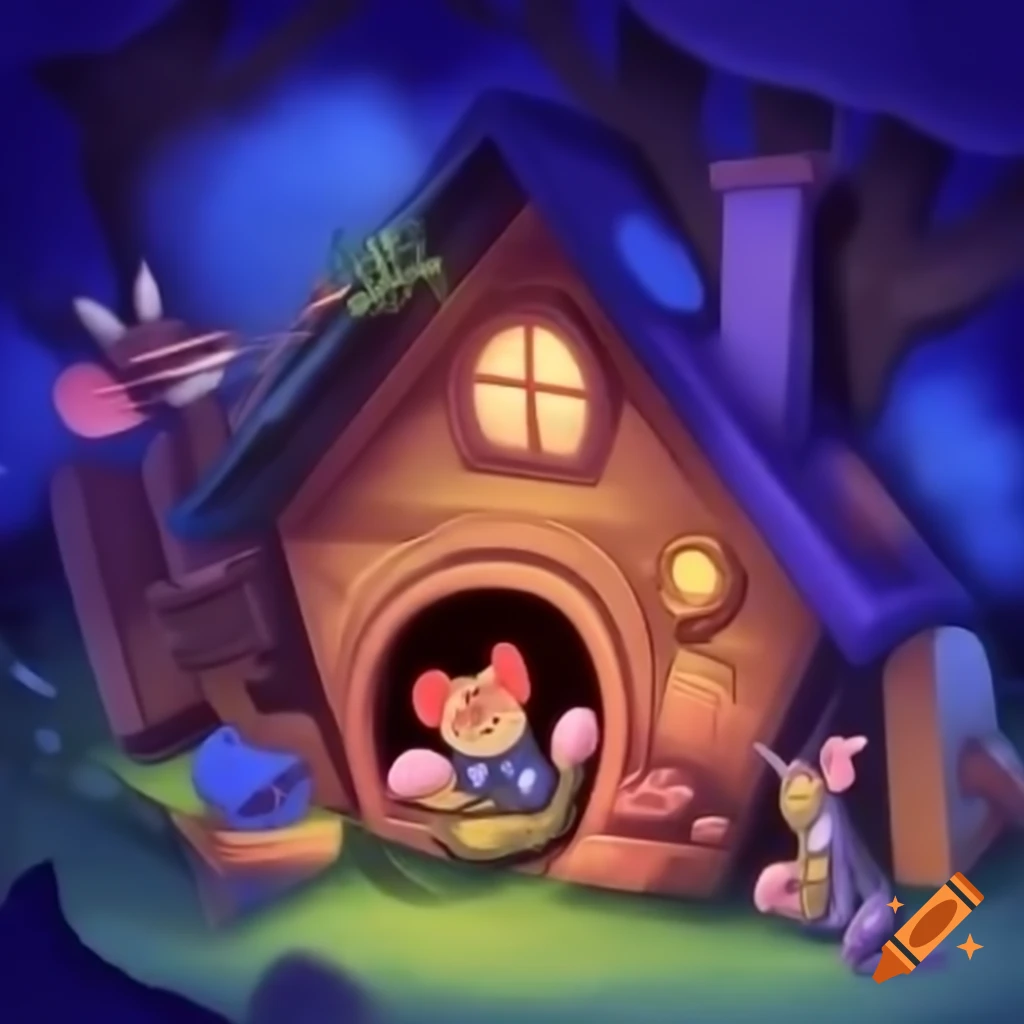 Cozy house with a cat named Whiskers chasing a mouse named Scamper on ...