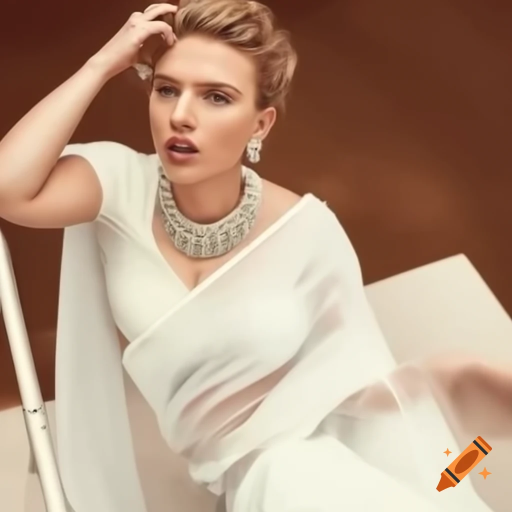 Scarlett Johansson dressed in a white modern saree with pearl jewelry on Craiyon