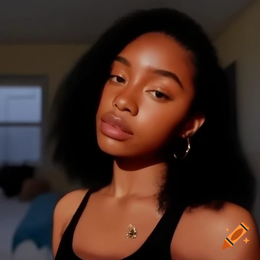 Young Black woman looking directly at viewer with subtle makeup on Craiyon