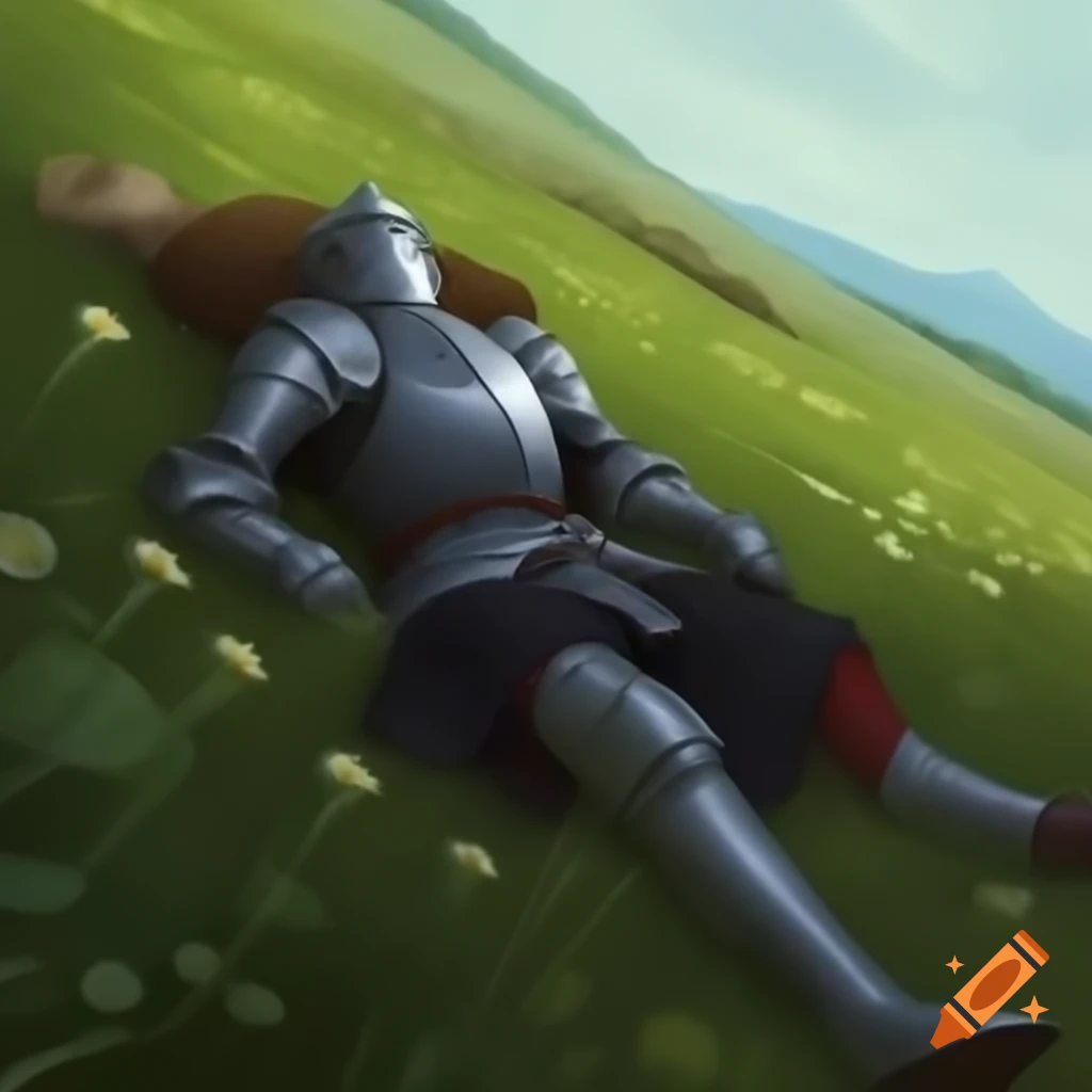 Medieval knight resting in a meadow filled with flowers on Craiyon