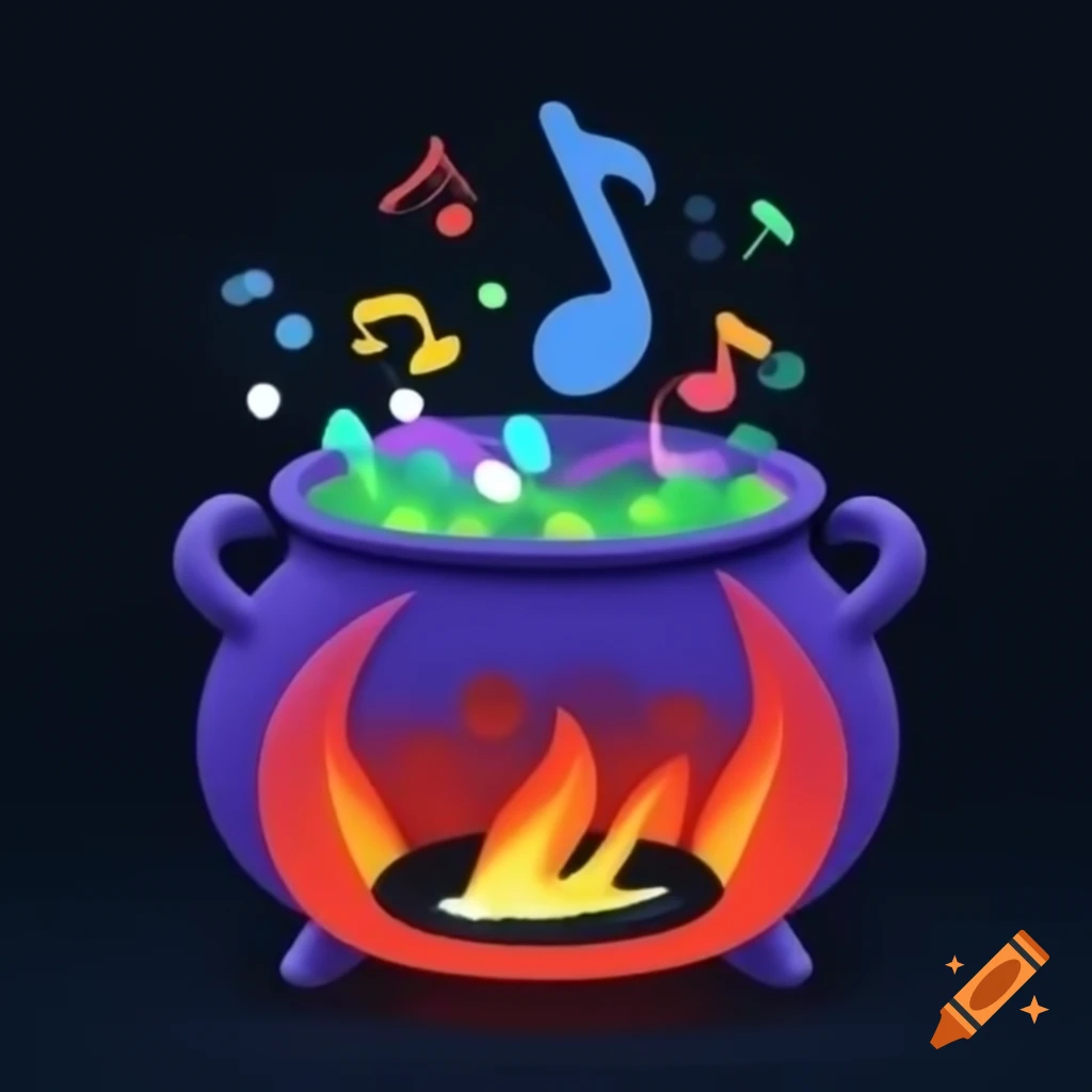 Colorful jazz-themed cauldron with music note smoke and mixing spoon on ...
