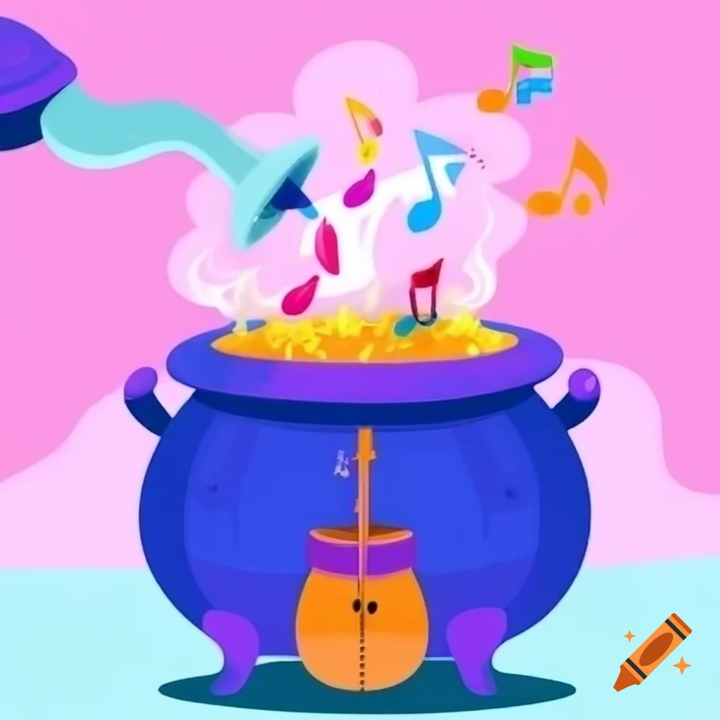 Colorful cauldron with music note smoke and mixing spoon, jazz theme on ...
