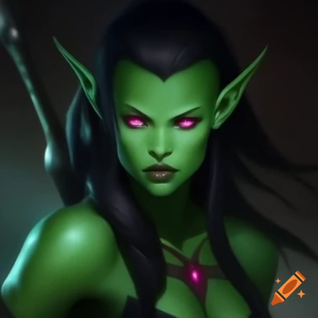 Elf woman warrior with green skin, pink eyes, and dark hair, wielding a ...