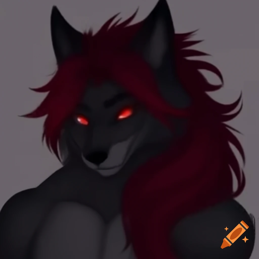 Anthro black wolf with gray chest fur and long red hair on Craiyon