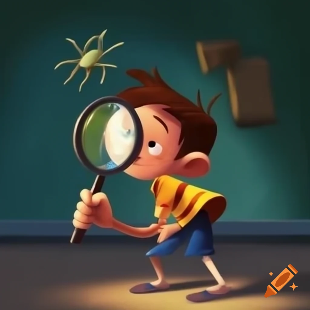 Boy using magnifying glass to observe a spider from a distance on Craiyon