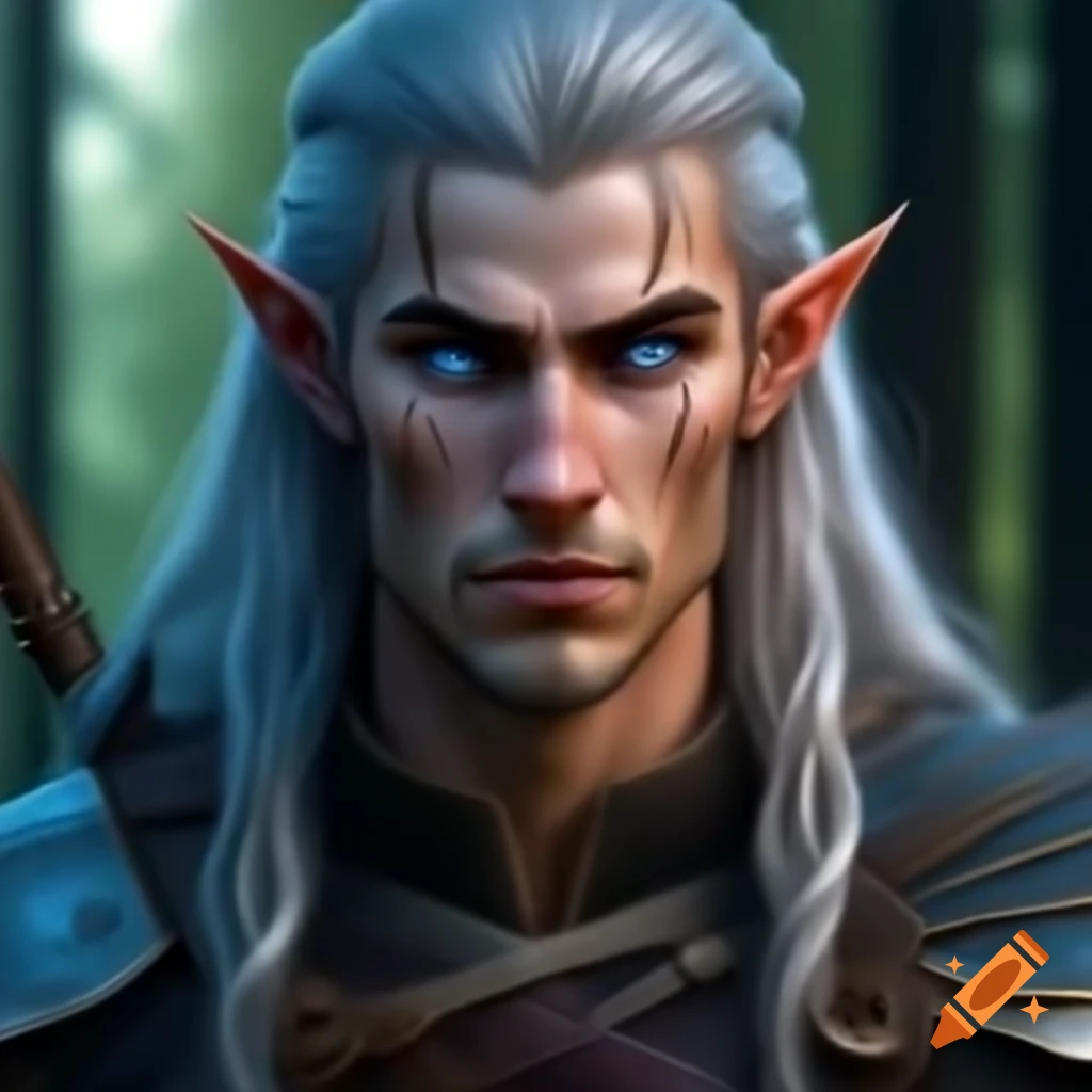 Half-elf warrior in chain mail armor with silver hair in forest on Craiyon