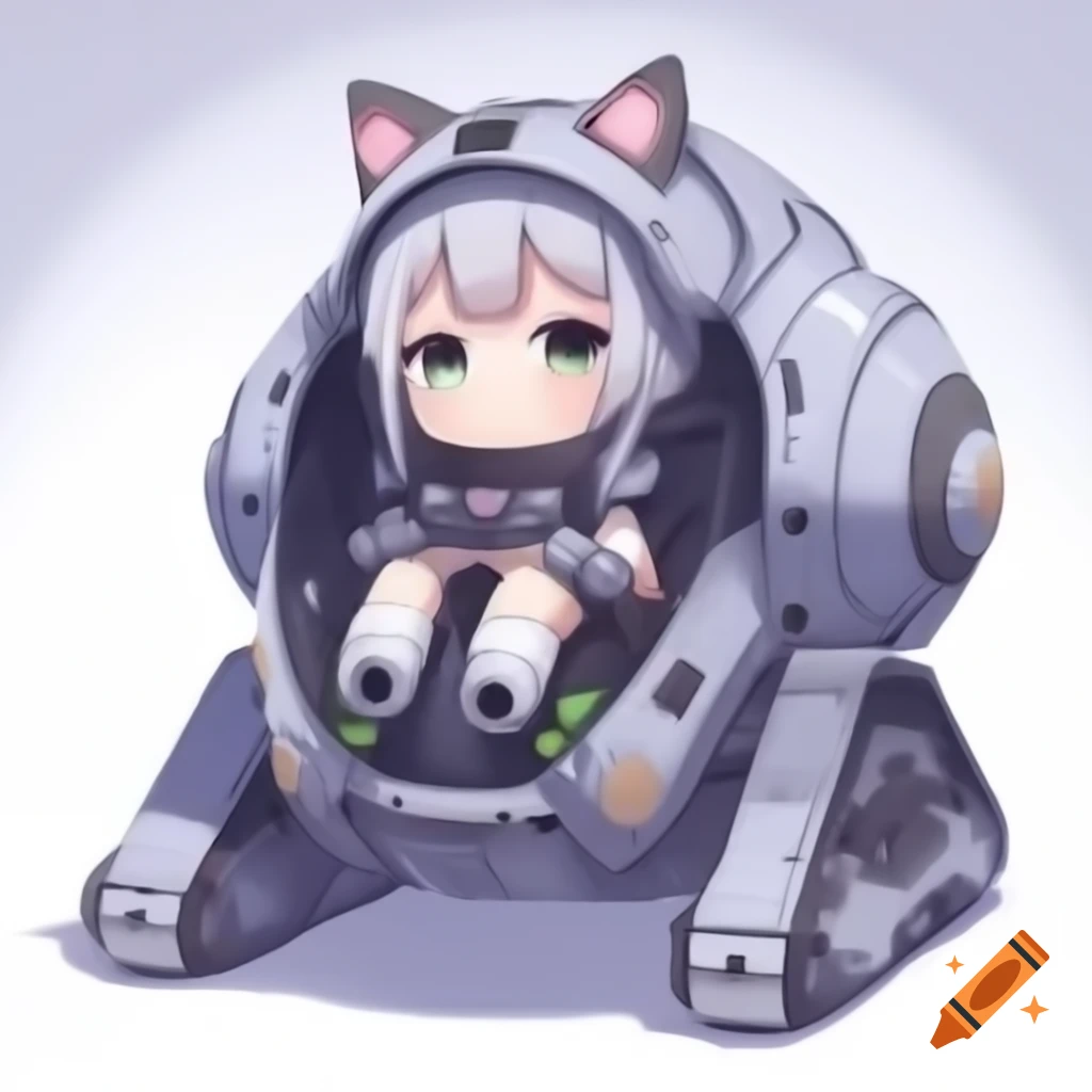 Chibi anime girl with cat ears in mech cockpit against white background ...