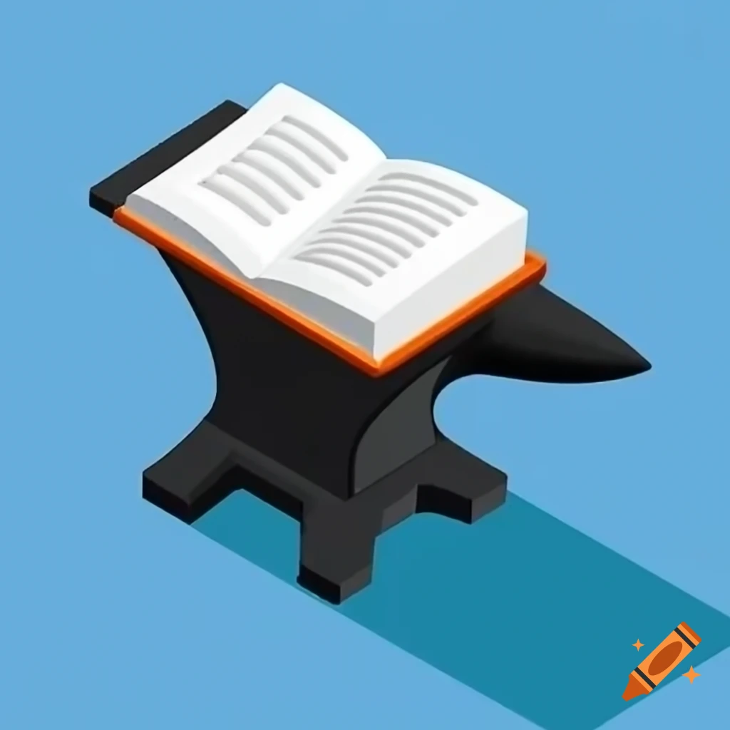 Isometric view of an anvil with an open book on top on Craiyon