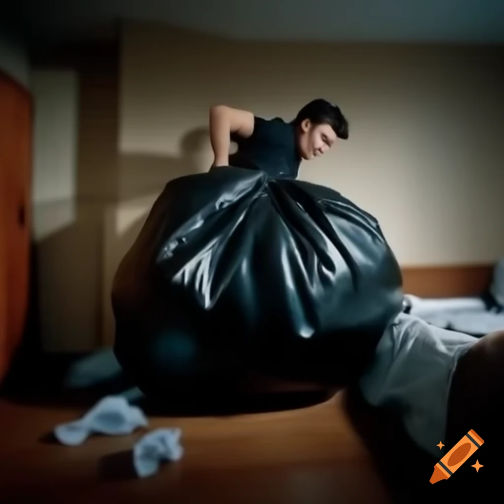 Young man playfully climbing inside a large black plastic garbage bag ...